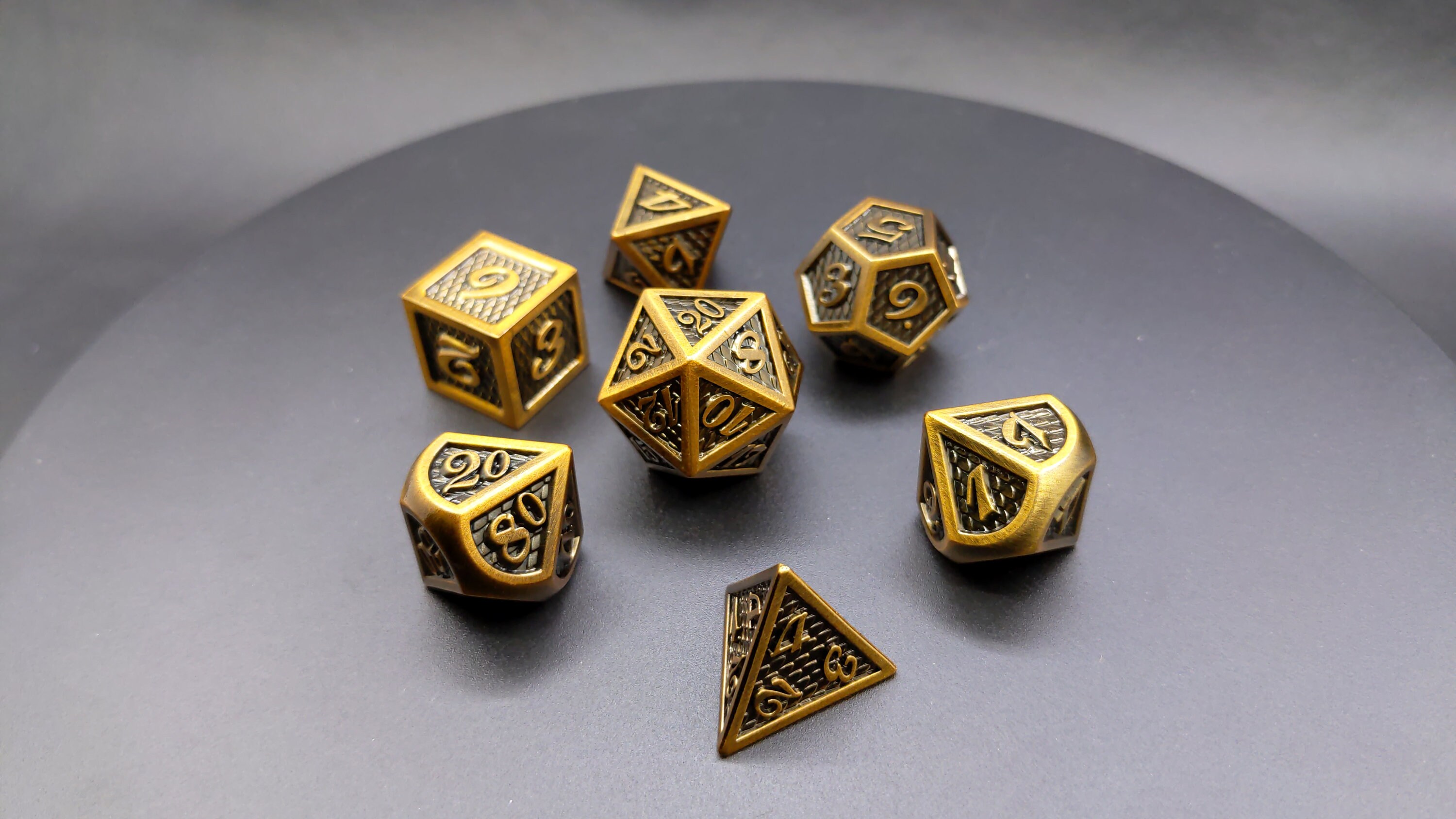 Brass Dragon Scale - 7 Piece Metal Polyhedral Dice - Arrow Road Creations